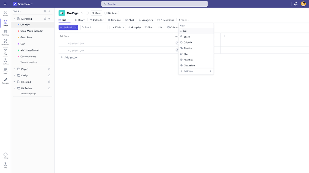 Customizable views - In Progress - SmartTask